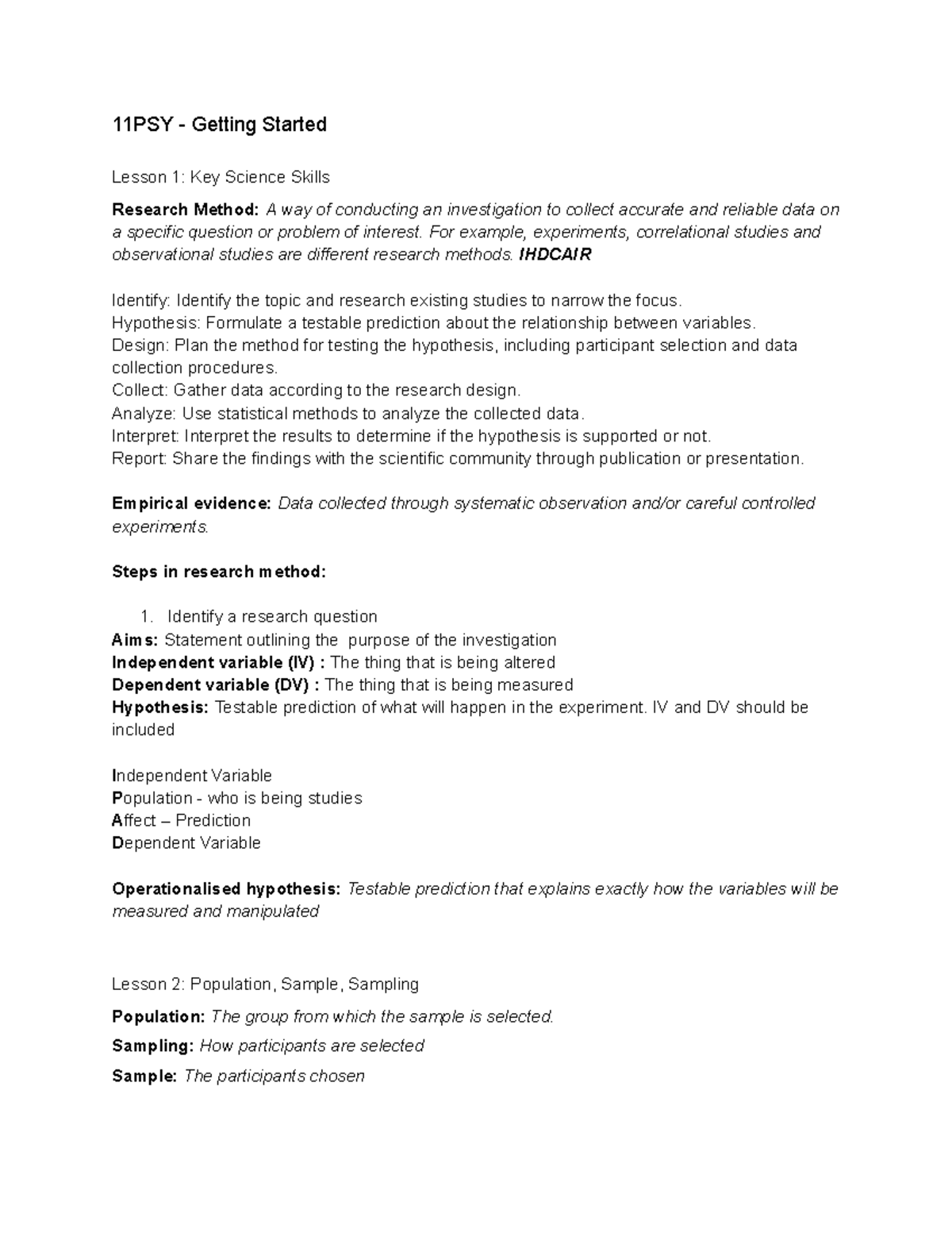 11PSY - Lesson 1: Key Science Skills in Research Methods - Studocu