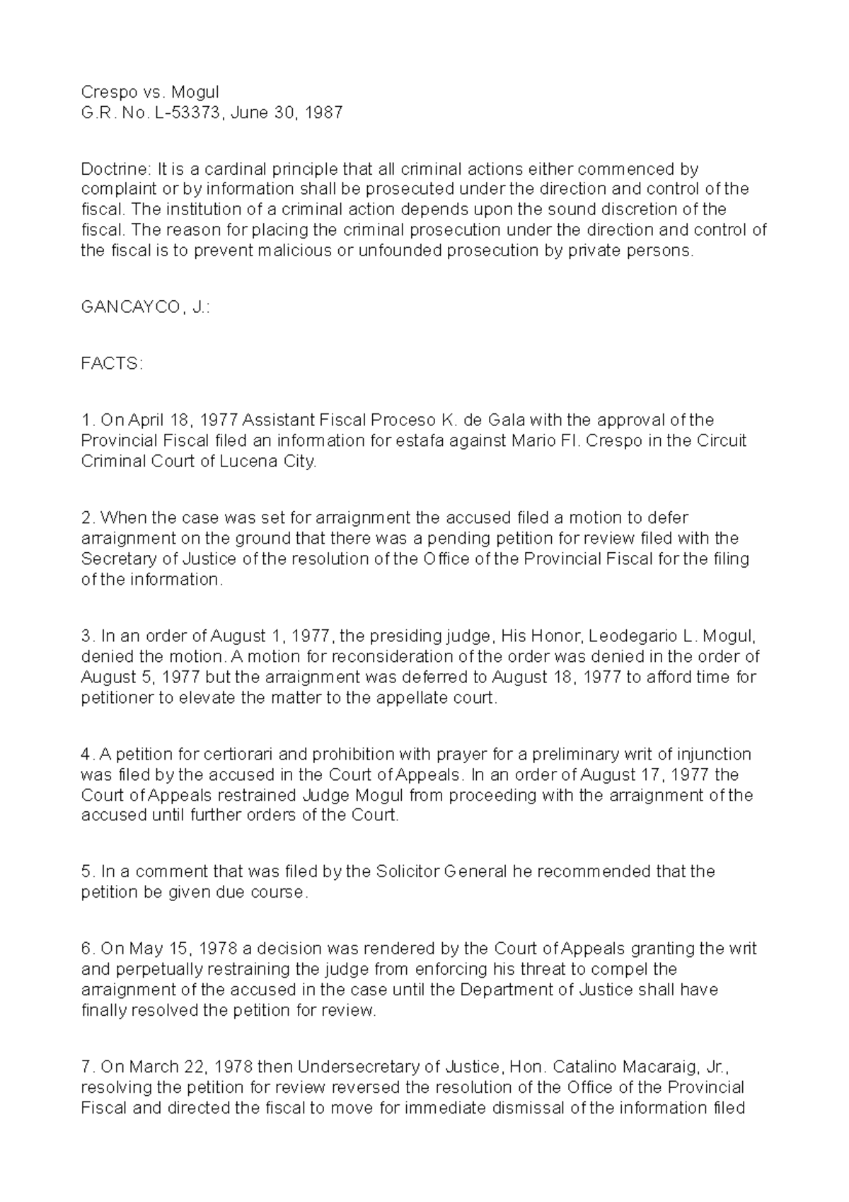 Crespo vs Mogul G.R. No L-53373 june 30, 1987 - Crespo vs. Mogul G. No. L-53373, June 30, 1987 ...
