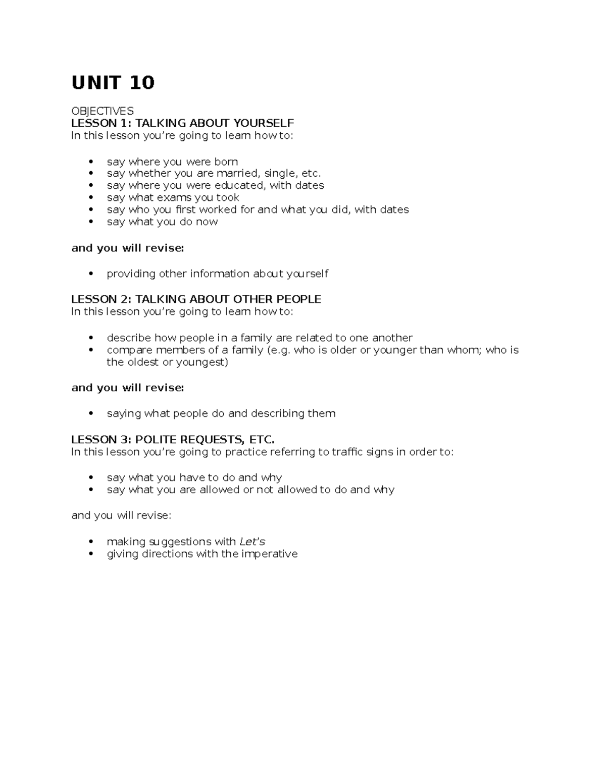 UNIT 10 - Read it - UNIT 10 OBJECTIVES LESSON 1: TALKING ABOUT YOURSELF ...