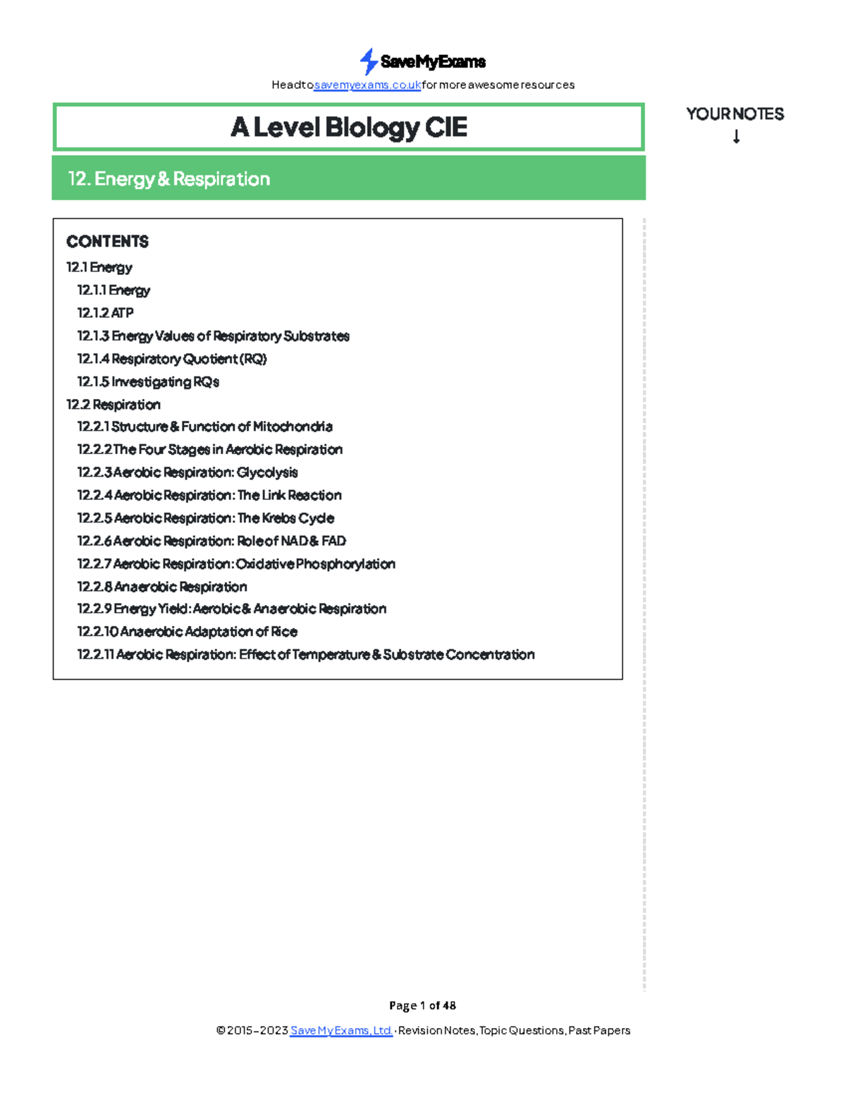 A Level Biology CIE - Chapter 12: Energy & Respiration Notes - Studocu