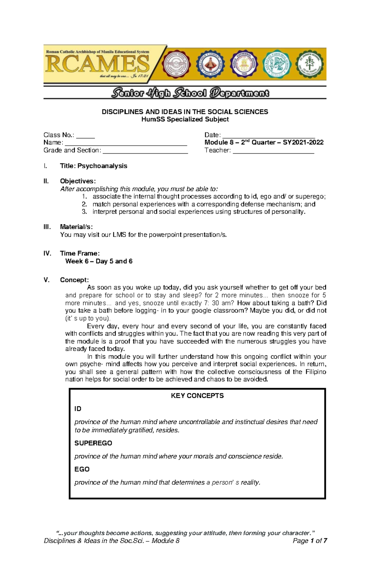 DISS Module 8: Understanding Psychoanalysis and Its Concepts - Studocu
