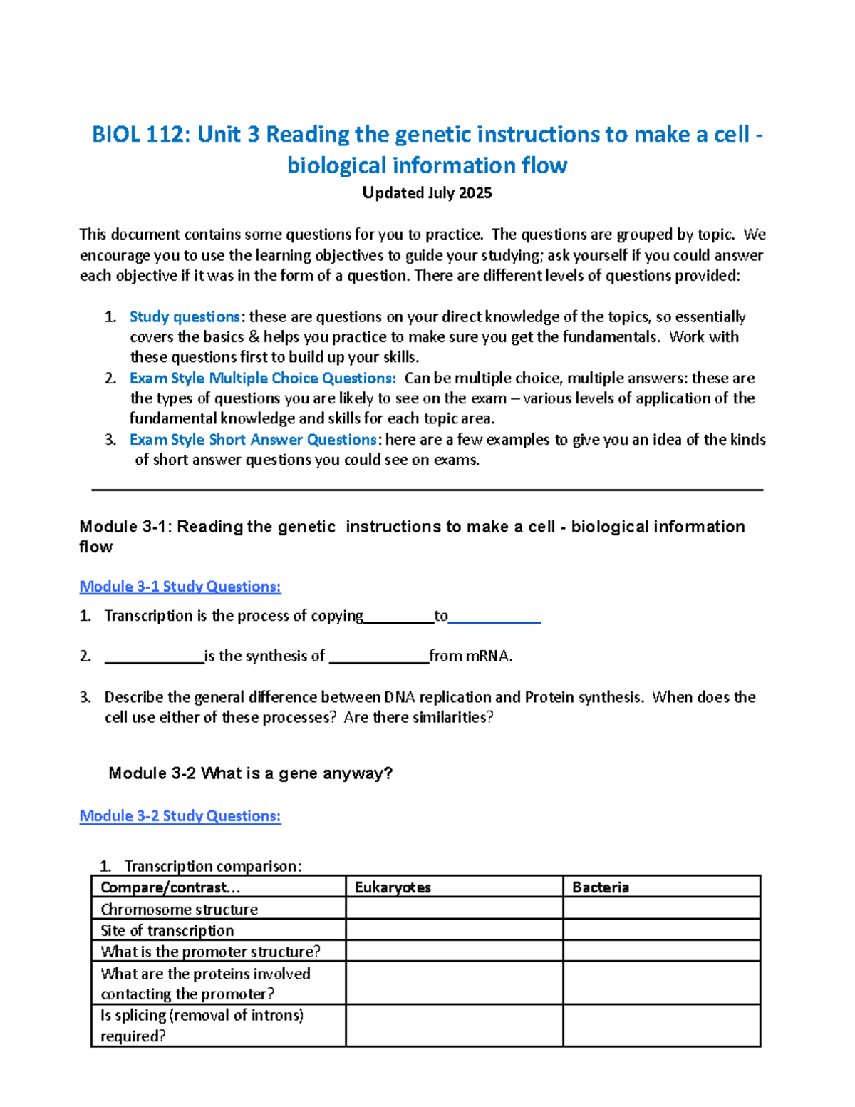 BIOL 112: Unit 3 Practice Questions on Genetic Instructions and Cell ...