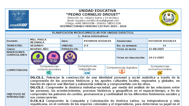 Planificación Microcurricular 9NO Sociales 2025 - 2DO Trimestre - Studocu