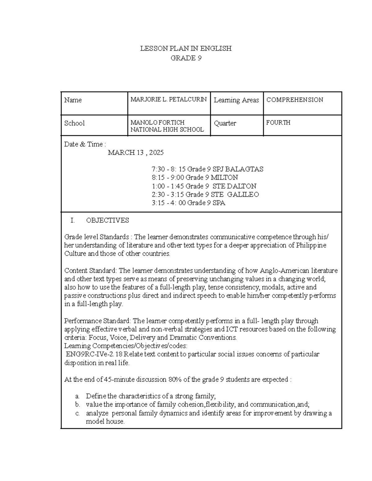 Grade 9 Lesson PLAN IN English - LESSON PLAN IN ENGLISH GRADE 9 Name ...
