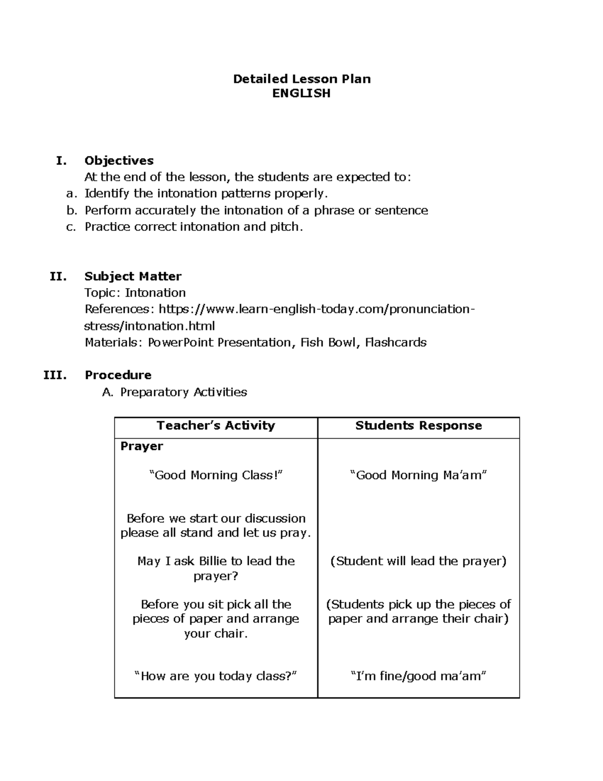 DLP - Detailed Lesson Plan on Intonation for High School English - Studocu