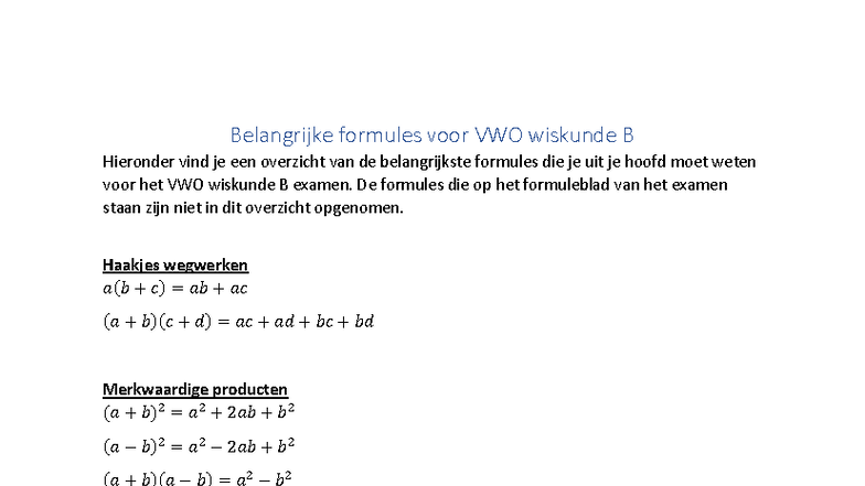 Belangrijke formules voor VWO Wiskunde B Examenoverzicht - Studeersnel