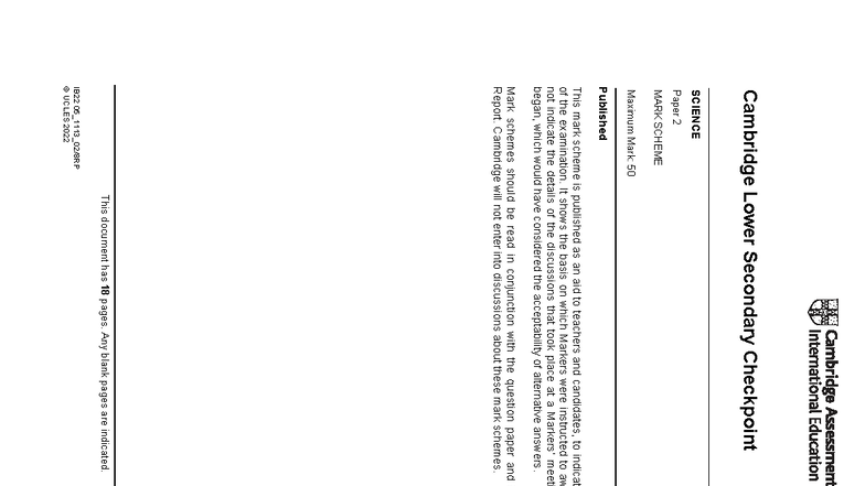 Cambridge Lower Secondary Checkpoint SCIENCE Paper 2 Mark Scheme ...
