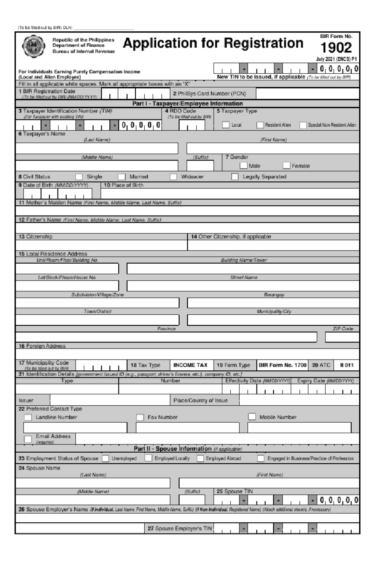 BIR form 1902 - NATES ONLY - (To be filed out BIR) DLN: BIR Form No ...