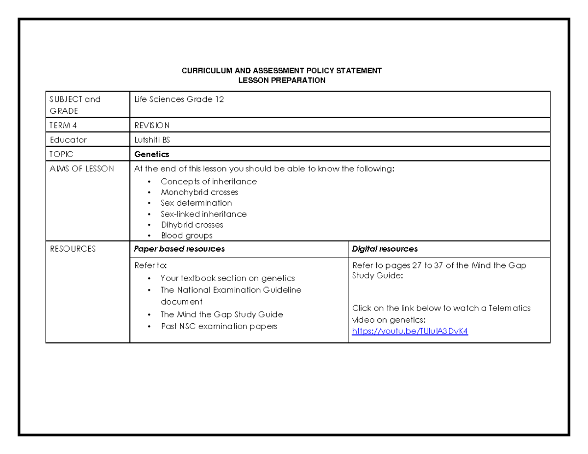 Genetics - Grade 12 Life Sciences Term 4 Revision Notes - Studocu