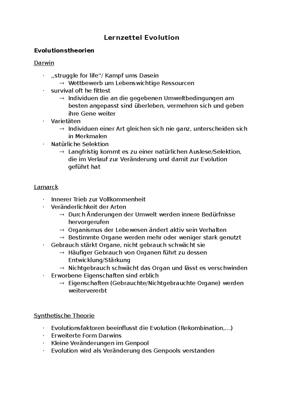 Lernzettel Evolution: Theorien und Mechanismen der Evolution - Studocu