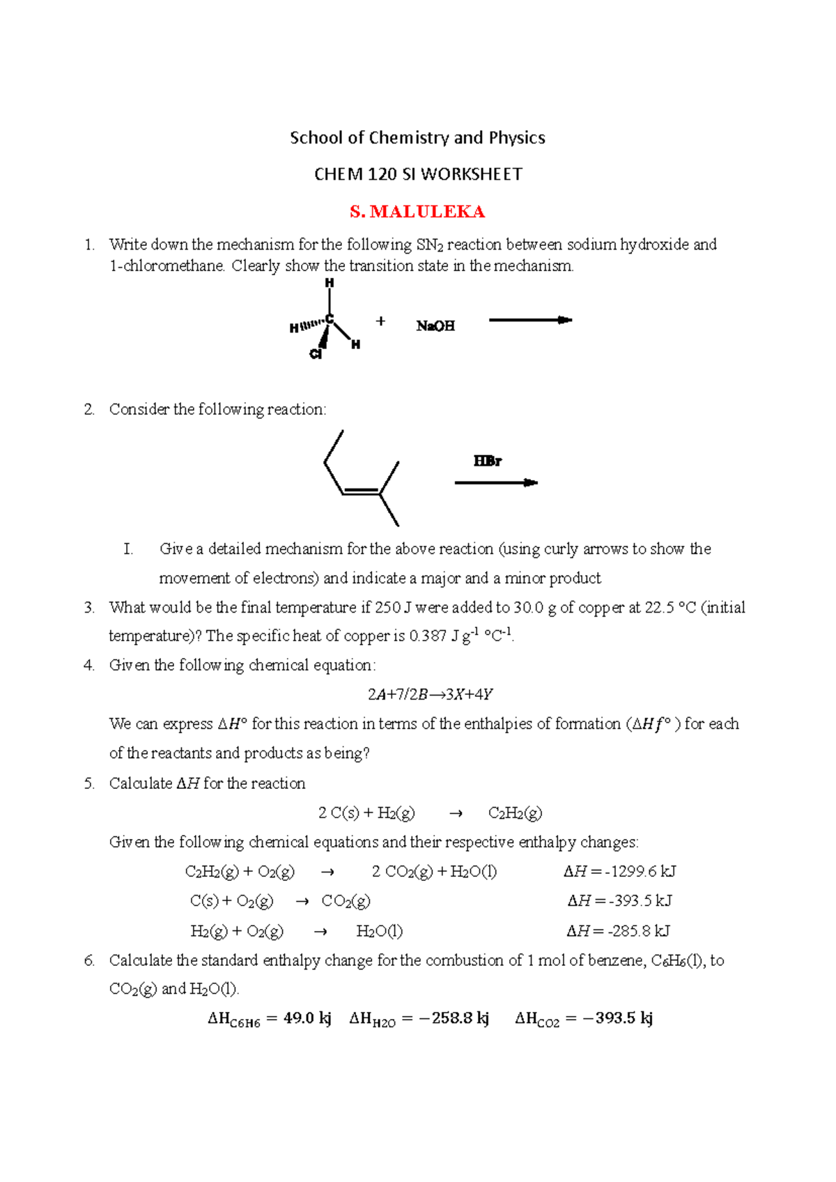 CHEM 120 SI Worksheet 5: SN2 Mechanisms & Enthalpy Calculations - Studocu