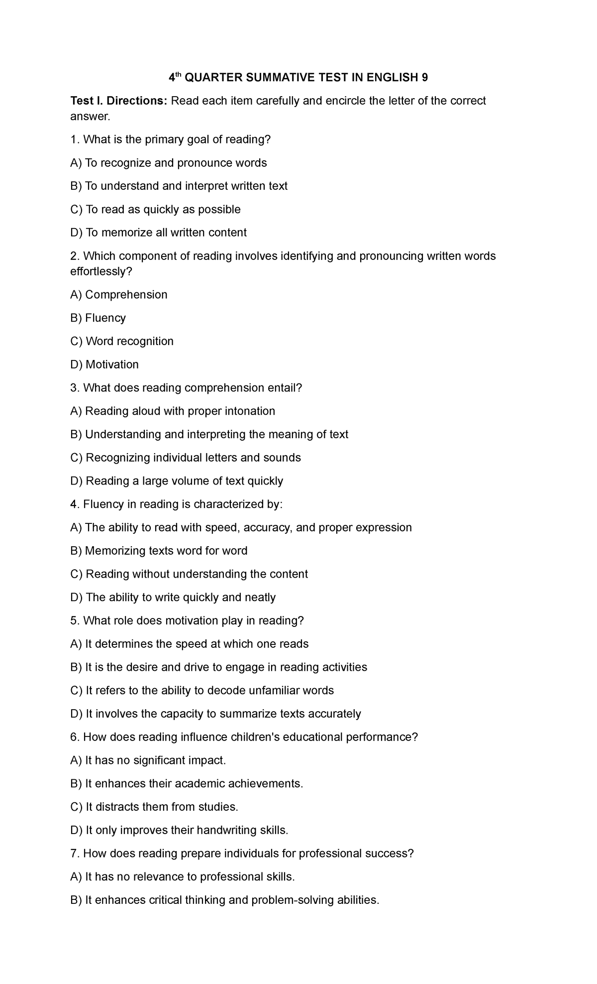 ENGLISH 9: 4th Quarter Summative Test I Review Notes - Studocu