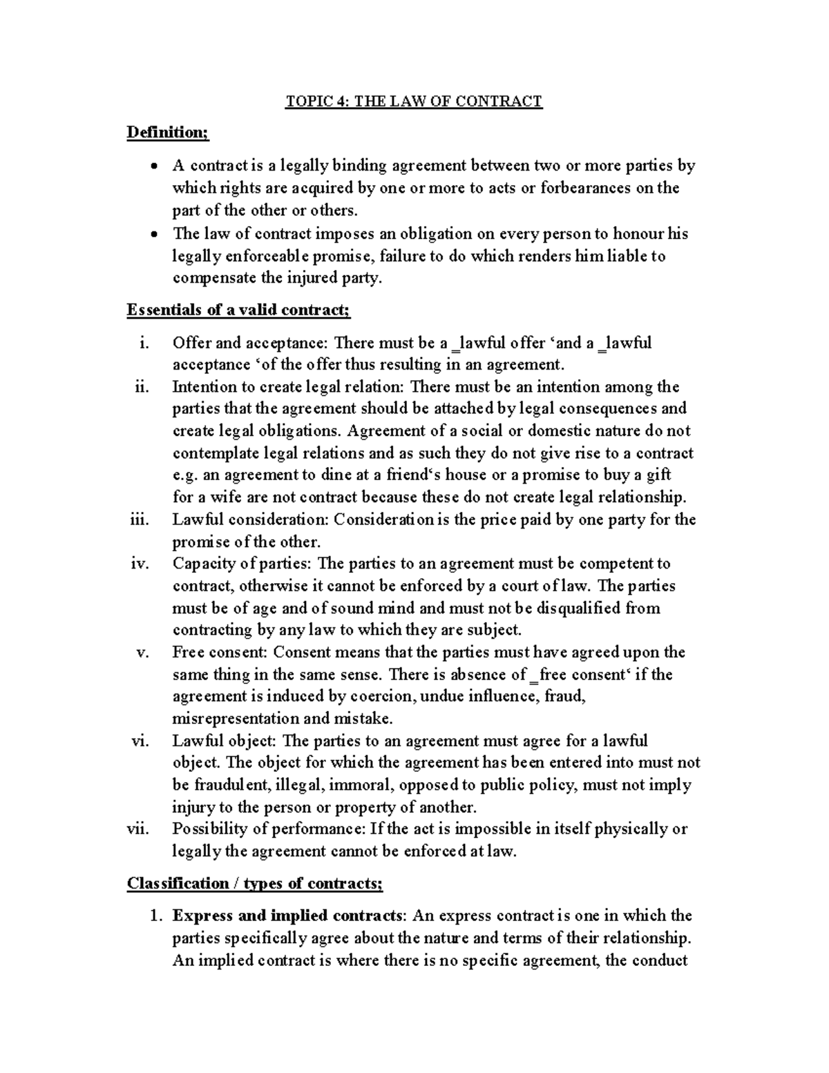 Topic 4: Law of Contract - Comprehensive Study Notes - Studocu