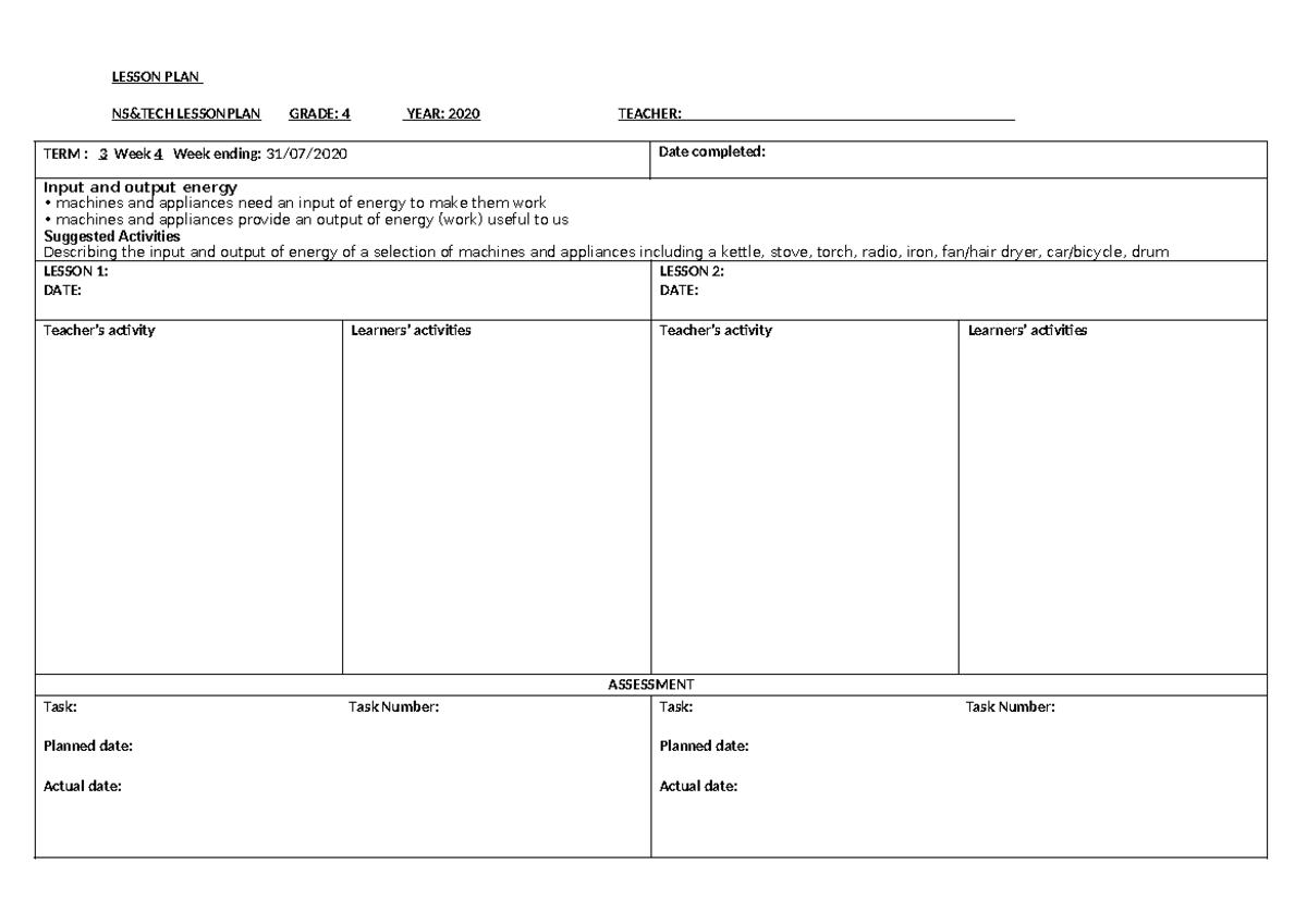 Gr 4 Term 3 Week 4 Lesson Plan: Input & Output Energy in Machines - Studocu