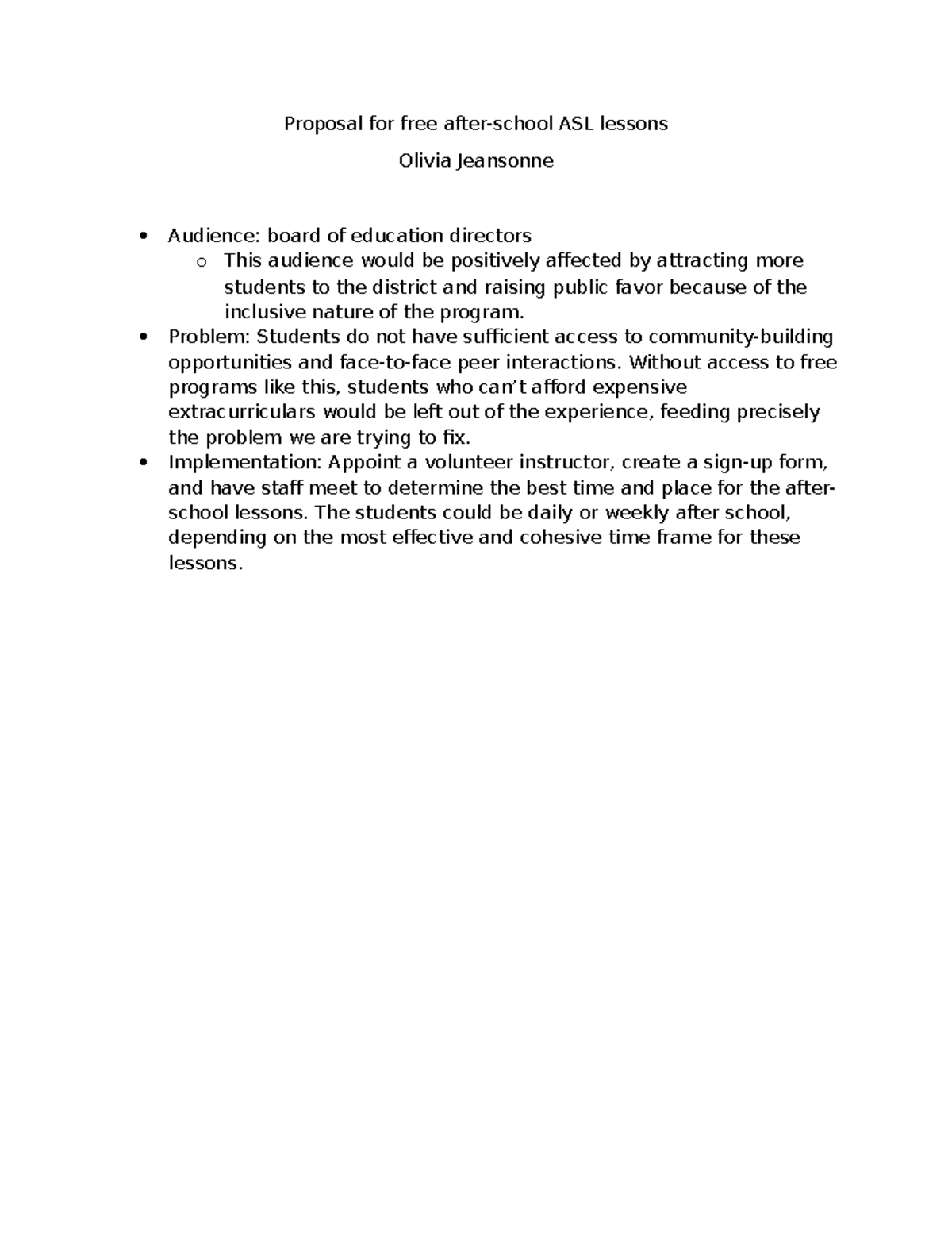 Proposal for free after school asl lessons - Proposal for free after ...