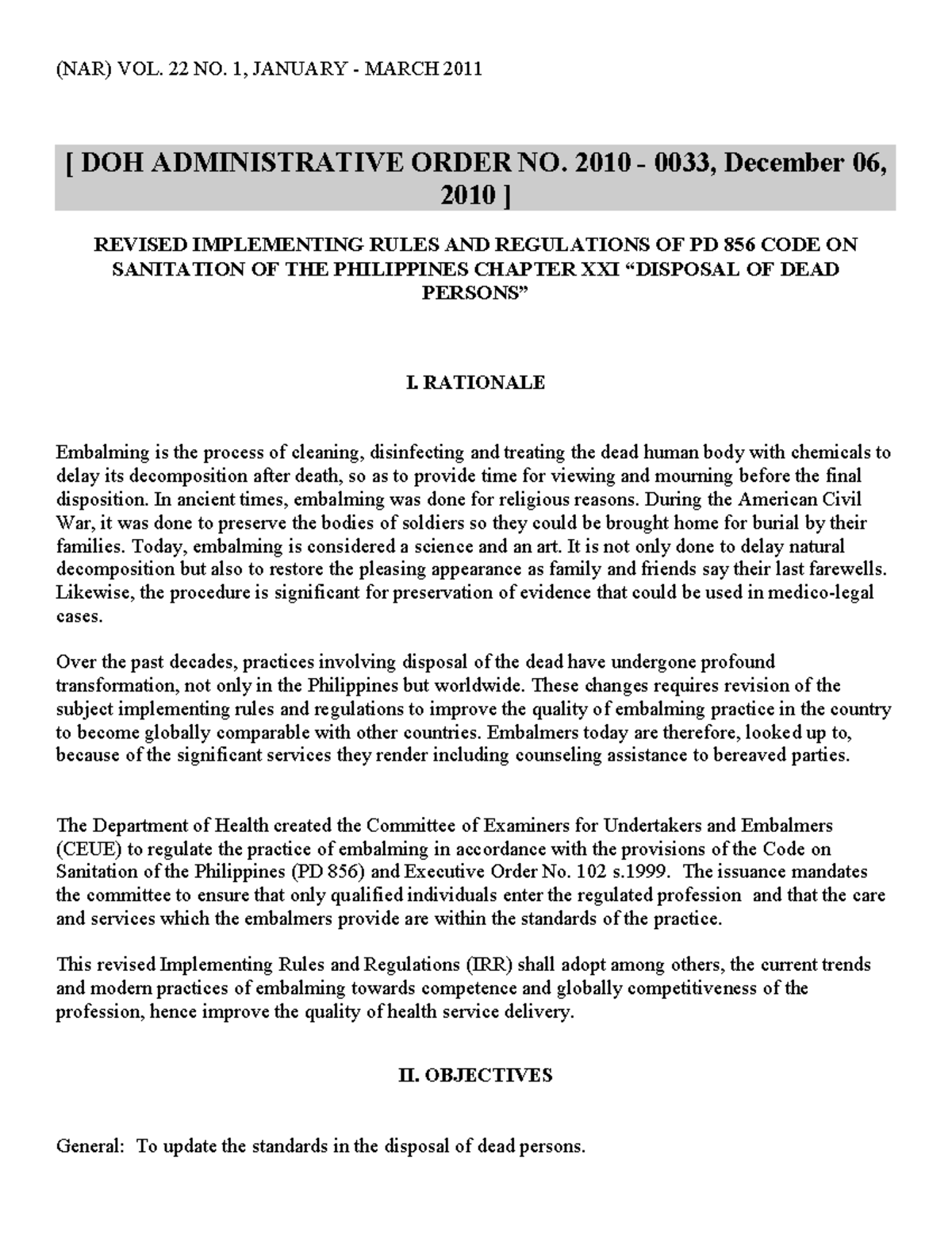 Revised IRR for PD 856: Guidelines on Disposal of Dead Persons - Studocu