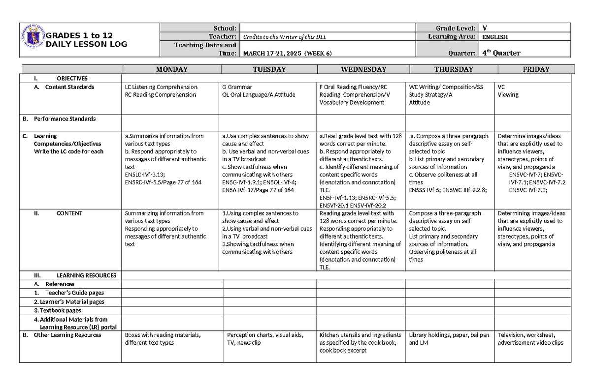 Grade 5 English DLL Lesson Plan Q4 Week 6 (March 17-21, 2025) - Studocu