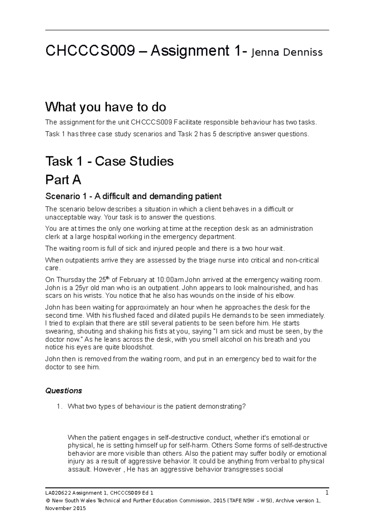 CHCCCS009 Ass1: Case Studies on Managing Challenging Behaviors - Studocu