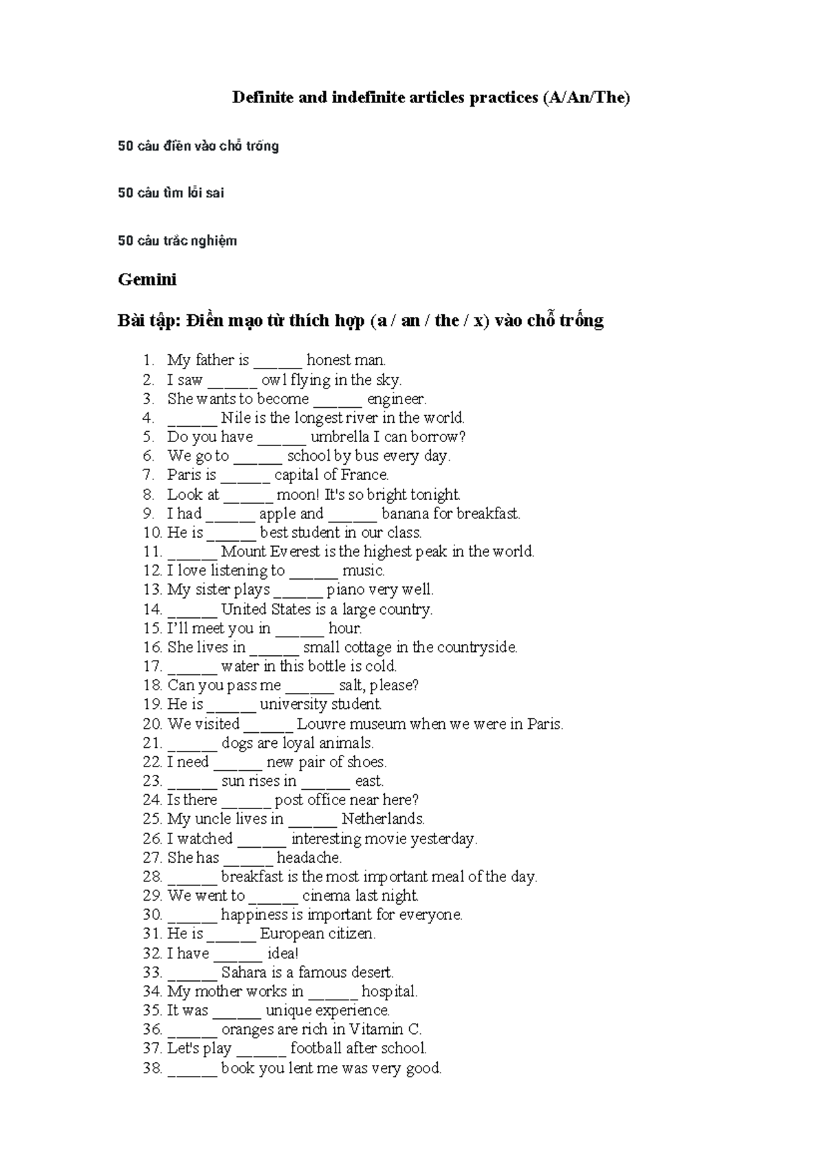 Definite and Indefinite Articles Practice (A/An/The) - Key - Studocu