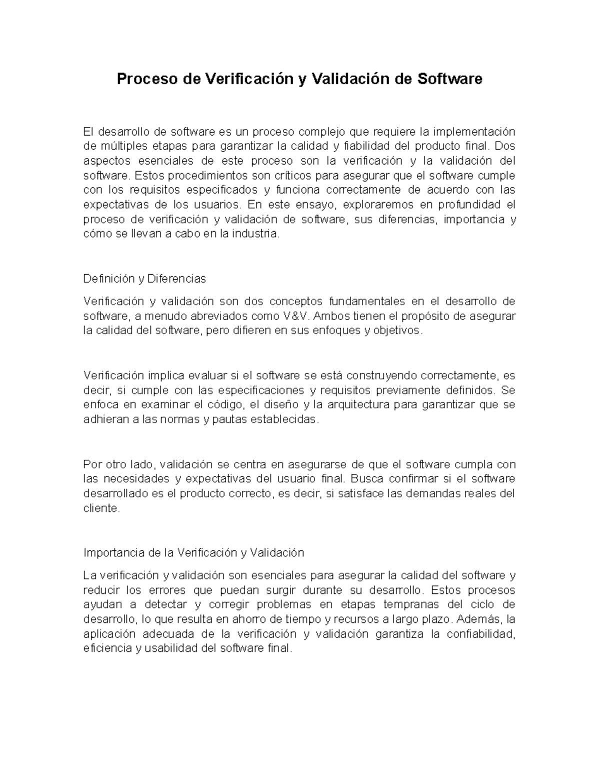 Proceso de Verificación y Validación de Software: Ensayo Completo - Studocu