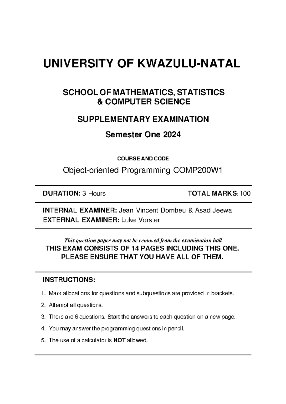 Supplementary Exam for Programming COMP200W1 - Semester 1, 2024 - Studocu