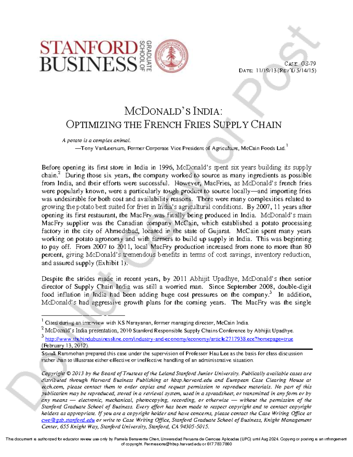 India: Optimizing the French Fries Supply Chain Case Study - Studocu