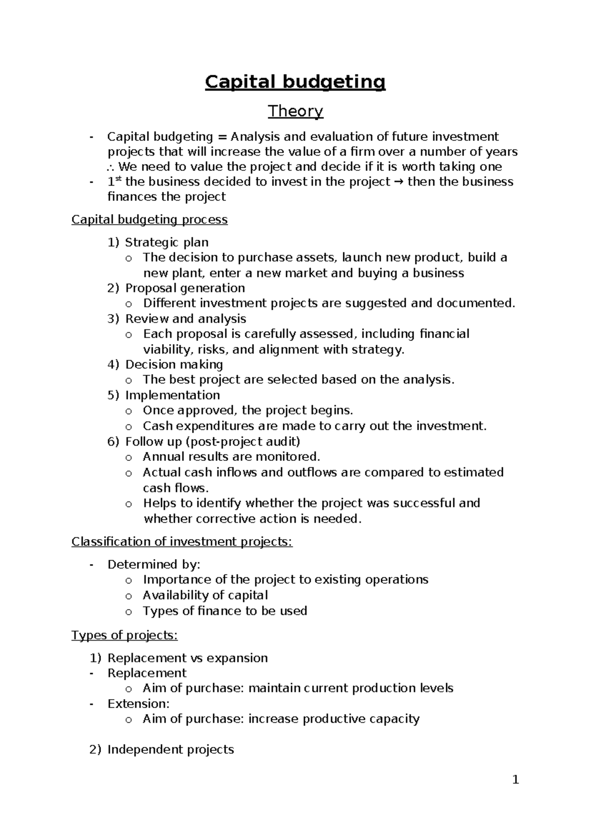 Capital Budgeting Theory: Analysis & Evaluation Notes (FIN 101) - Studocu