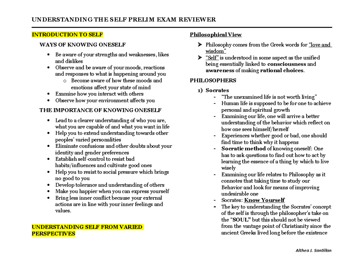 Understanding The Self Reviewer - UNDERSTANDING THE SELF PRELIM EXAM ...