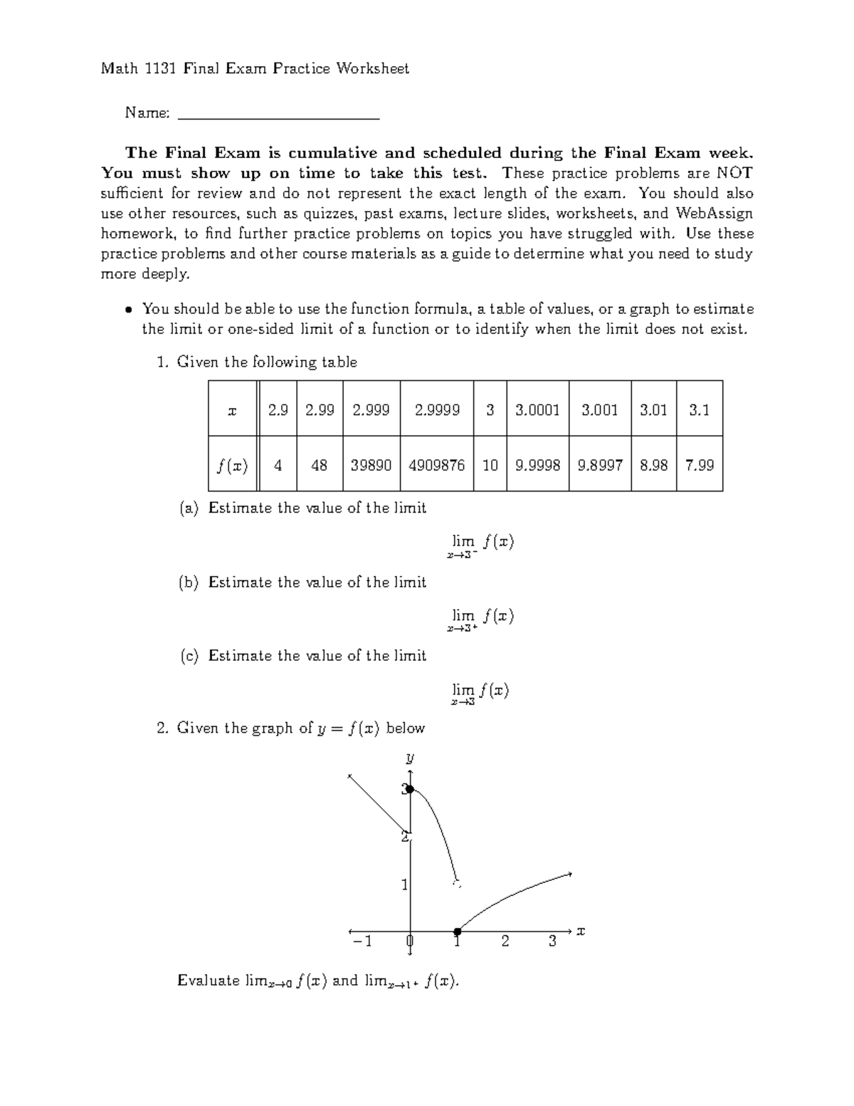 Math 1131 Final Exam Practice Worksheet: Cumulative Review Guide - Studocu