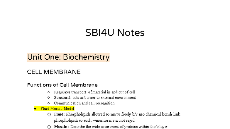 SBI4U Exam Notes: Unit One - Biochemistry & Cell Membrane Functions ...