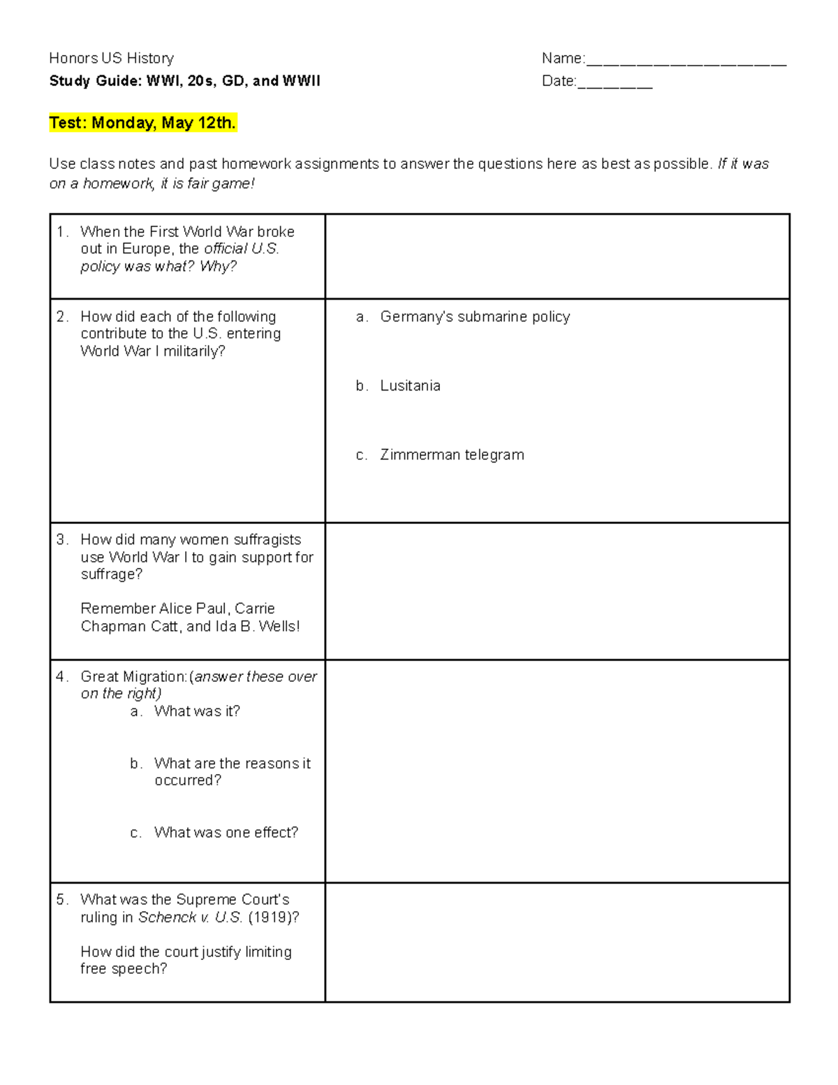 Study Guide: Honors US History - WWI, 1920s, GD, and WWII Exam Prep ...