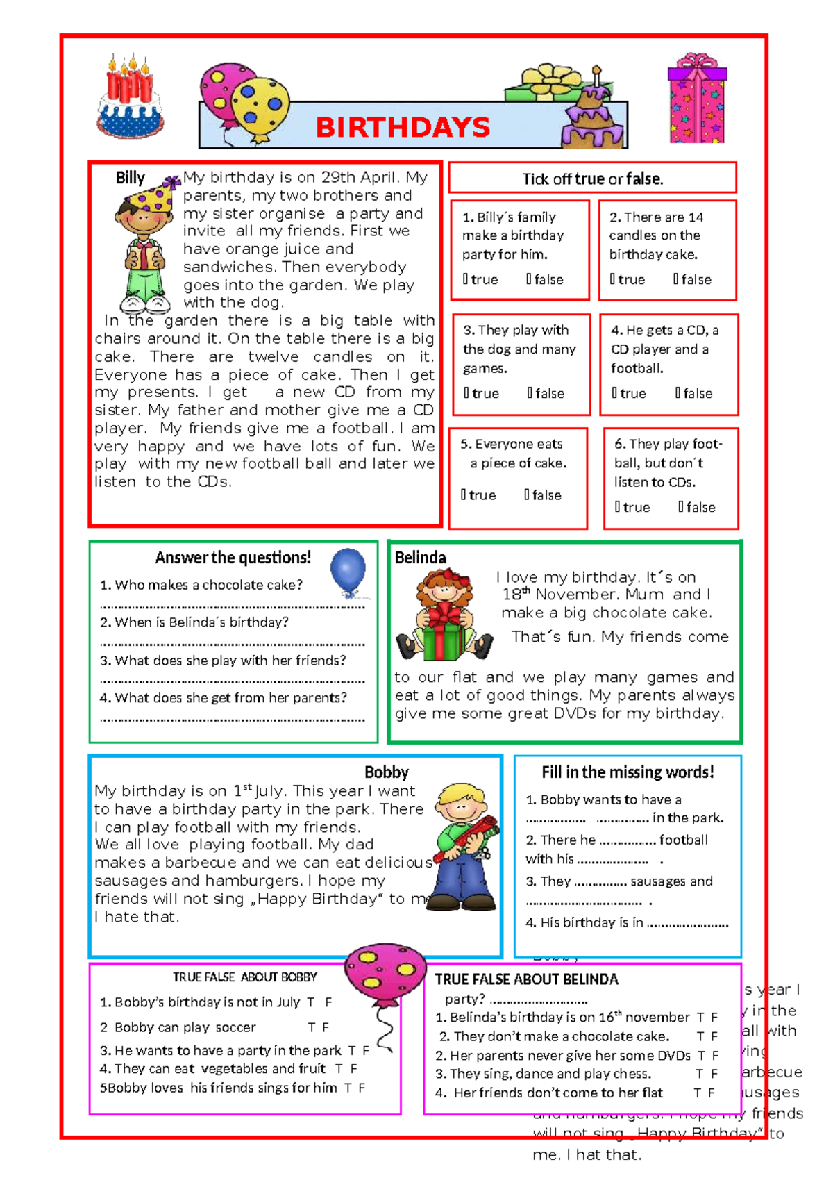 Birthdays: Key Included for Reading Comprehension Exercises (21574 ...