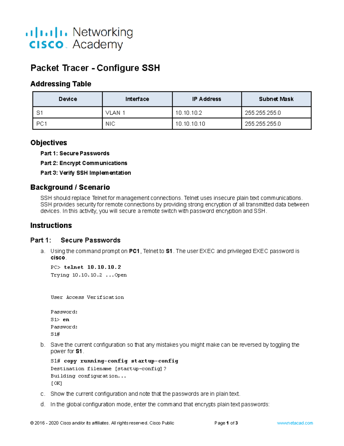 19.3.6 Packet Tracer - Configuring SSH for Secure Remote Access - Studocu