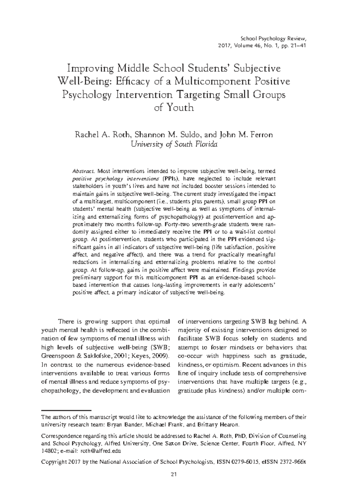 Multicomponent Positive Psychology Intervention for Middle School ...
