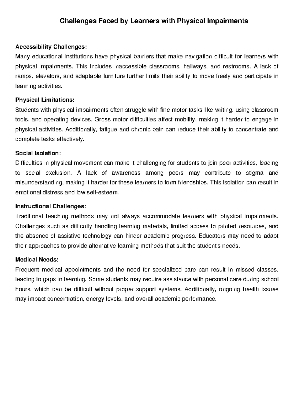Challenges Faced by Learners with Physical Impairments - Challenges ...