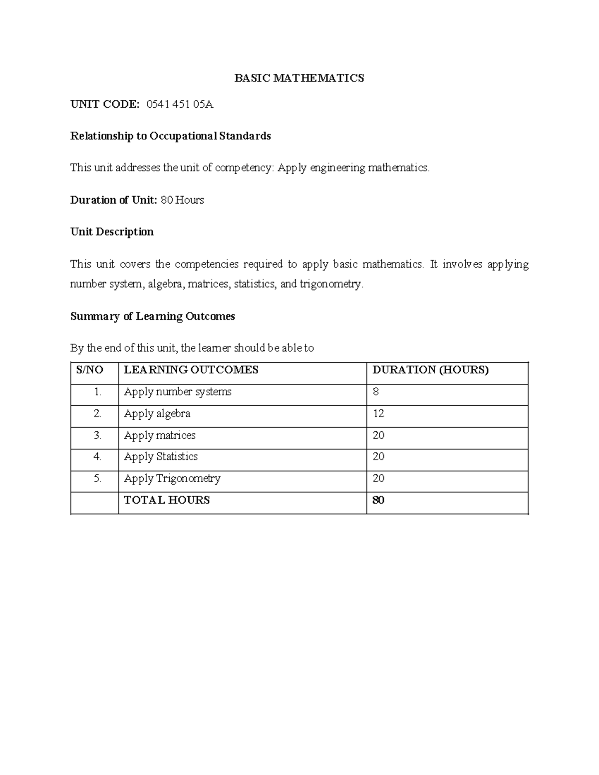 Engineering Technician Mathematics Course Outline: Unit 0541 451 05A ...