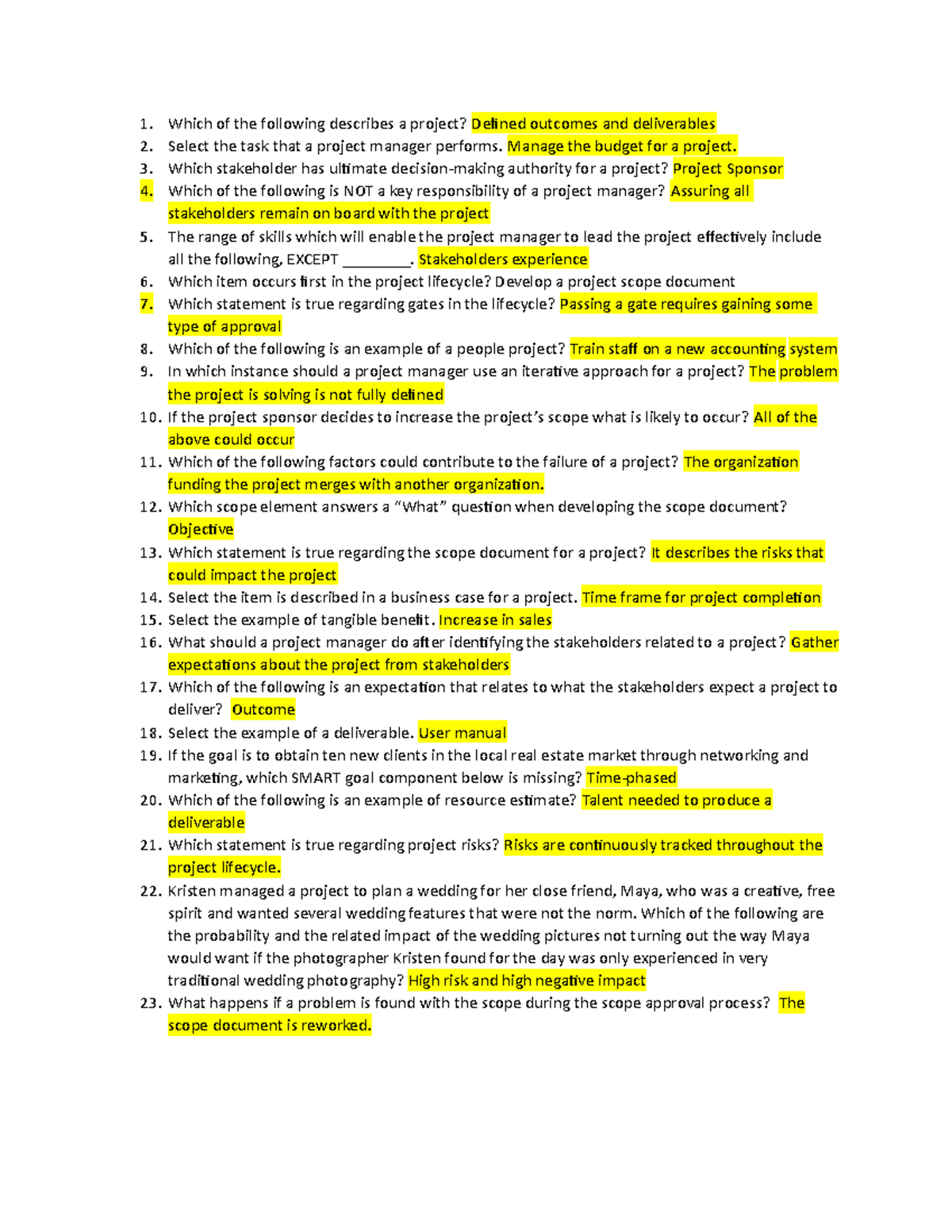 Project Management 101: Unit 1 Practice Milestone Questions - Studocu