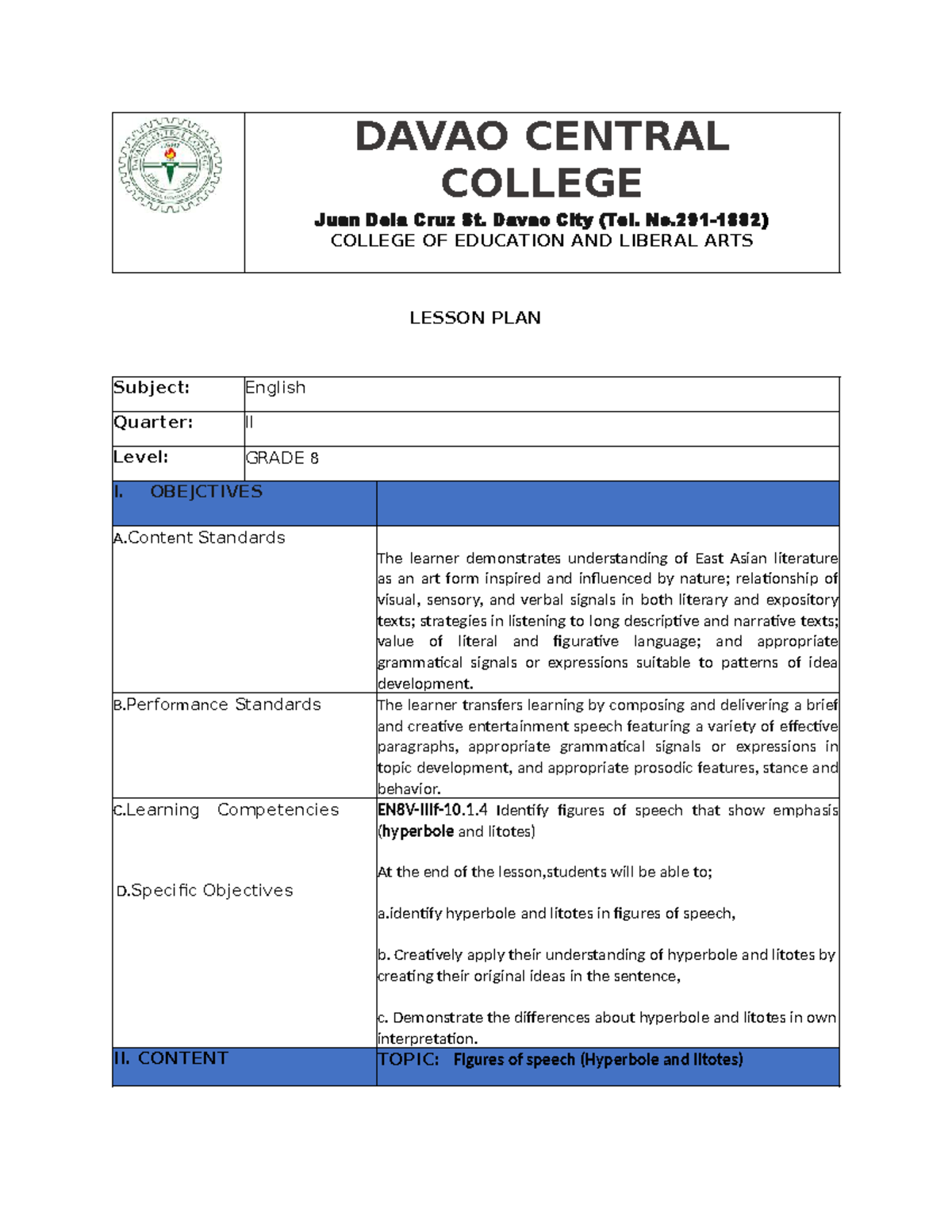 EDUC 8 Lesson Plan: Understanding Hyperbole & Litotes in English - Studocu