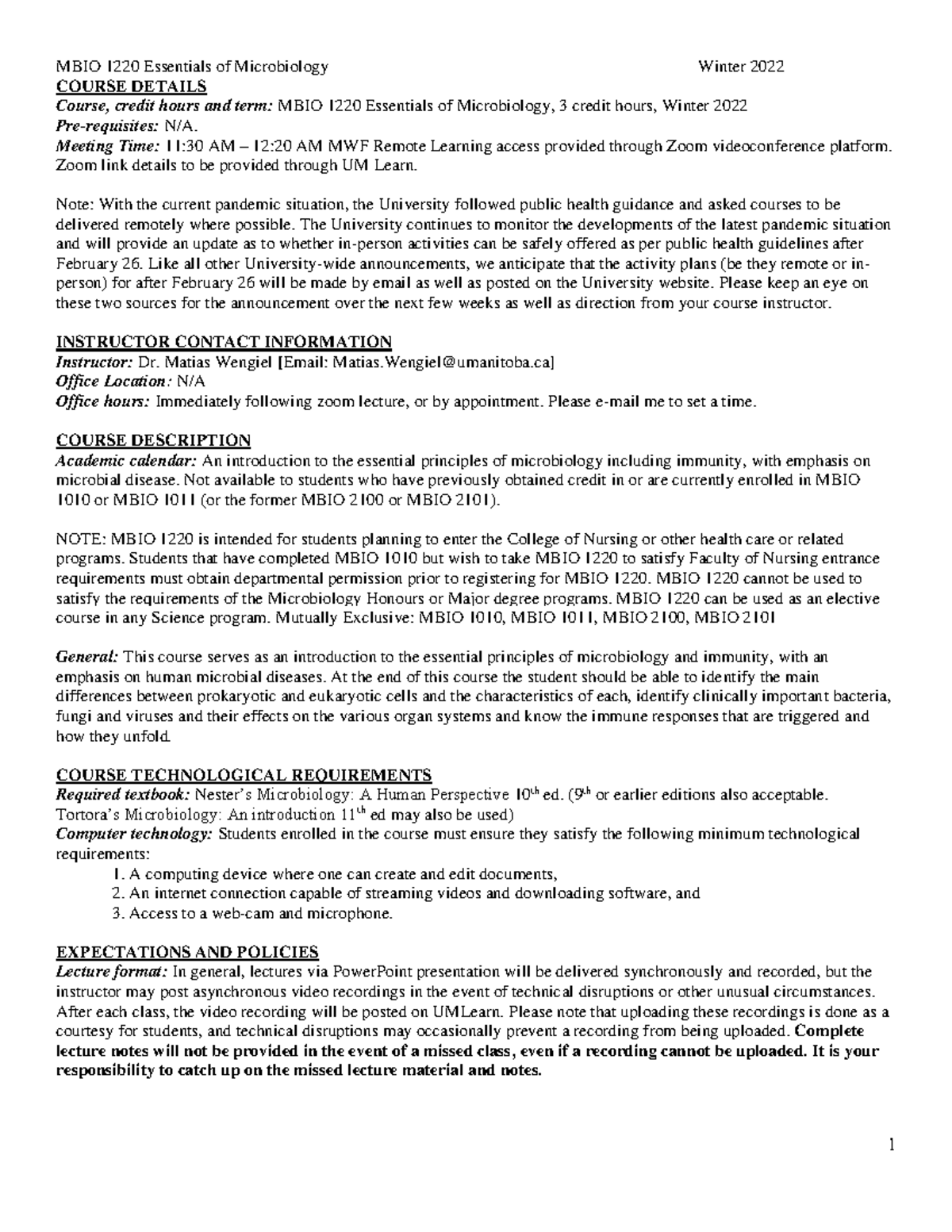 MBIO 1220 AO1 Essentials of Microbiology course syllabus 1 - COURSE DETAILS Course, credit hours ...