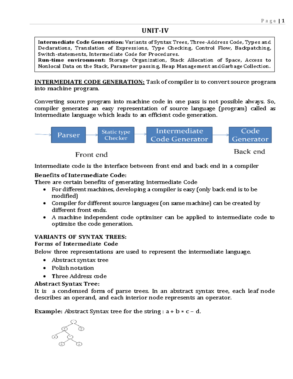 CD UNIT-4: Intermediate Code Generation & Syntax Trees in Compiler ...