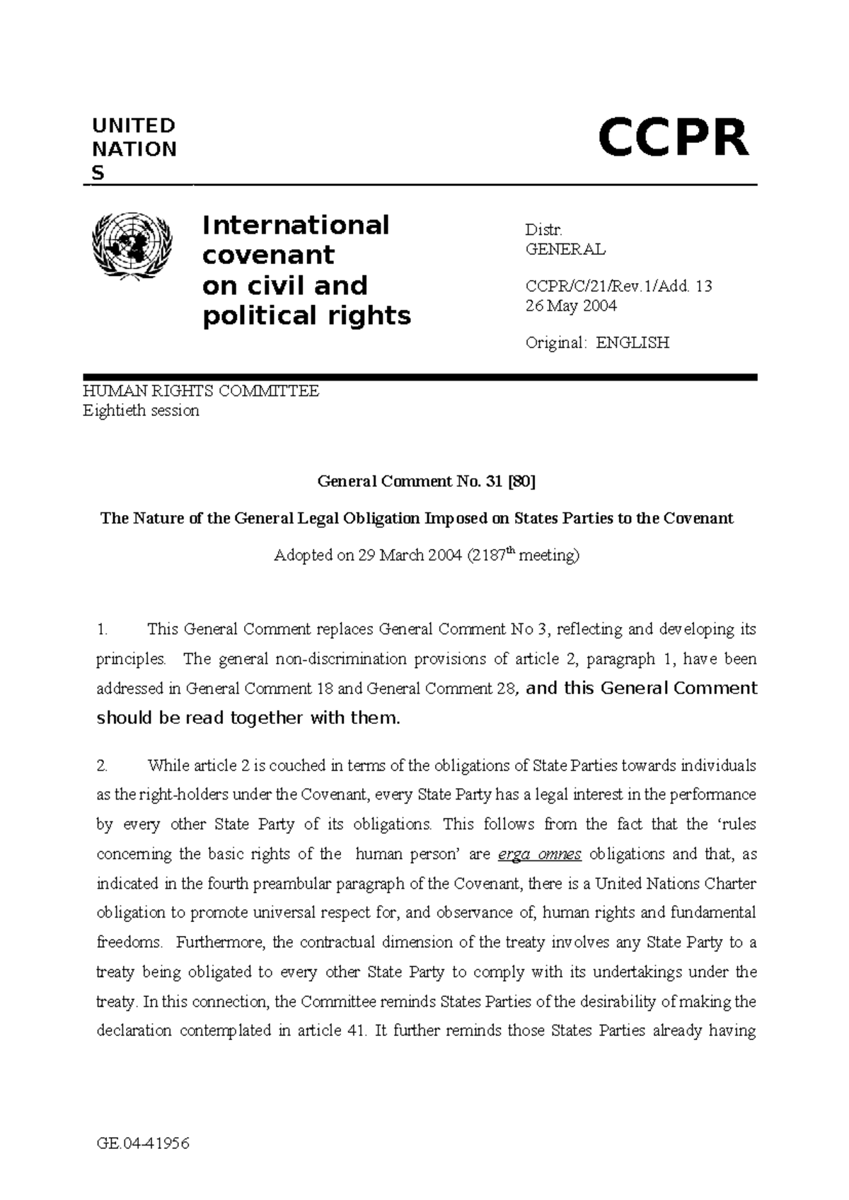 CCPR General Comment No. 31: Legal Obligations of States Parties - Studocu