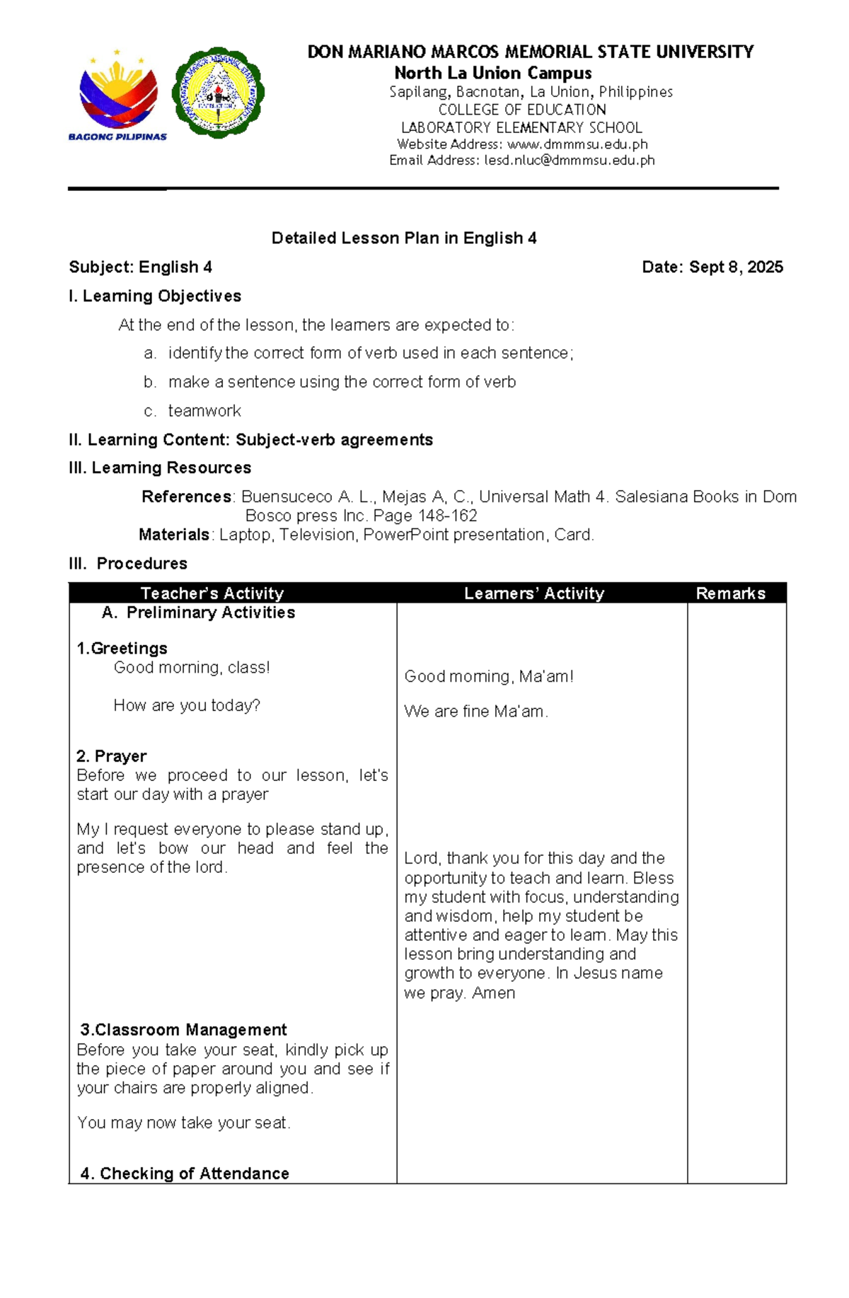 Detailed Lesson Plan in English 4: Verb Agreement Activities - Studocu