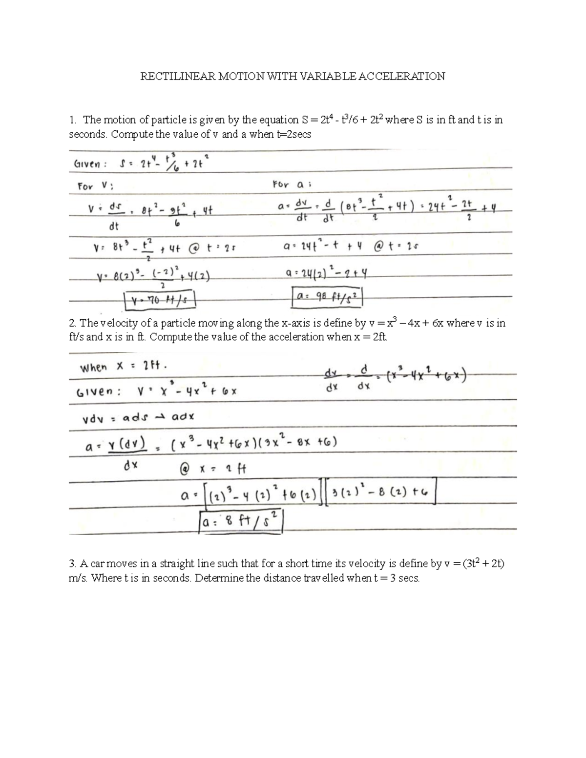 Rectilinear Motion with Variable Acceleration - Problem Set - Studocu