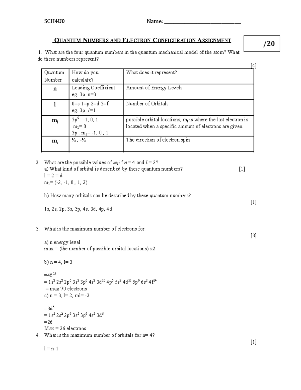 Quantum Numbers & Electron Configurations Assignment (SCH4U0) - Studocu