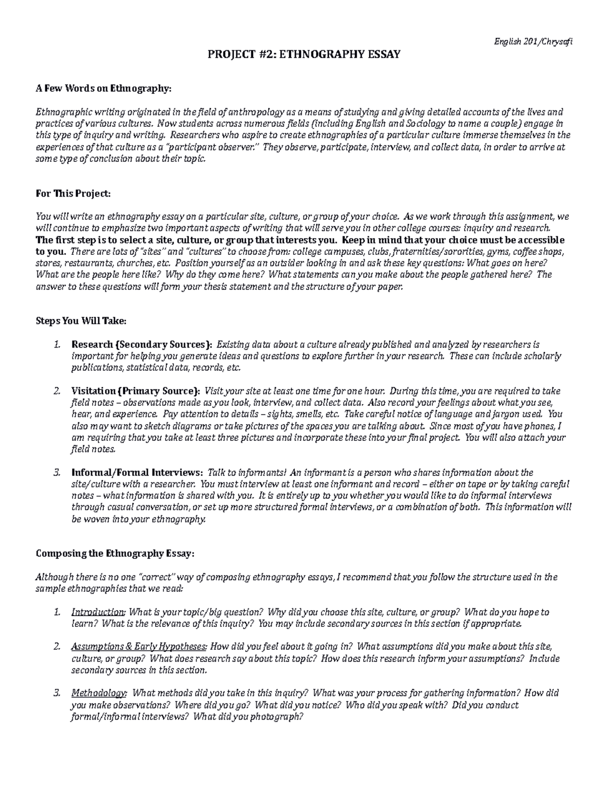 English 201 - Ethnography Essay: Project Instructions & Guidelines ...