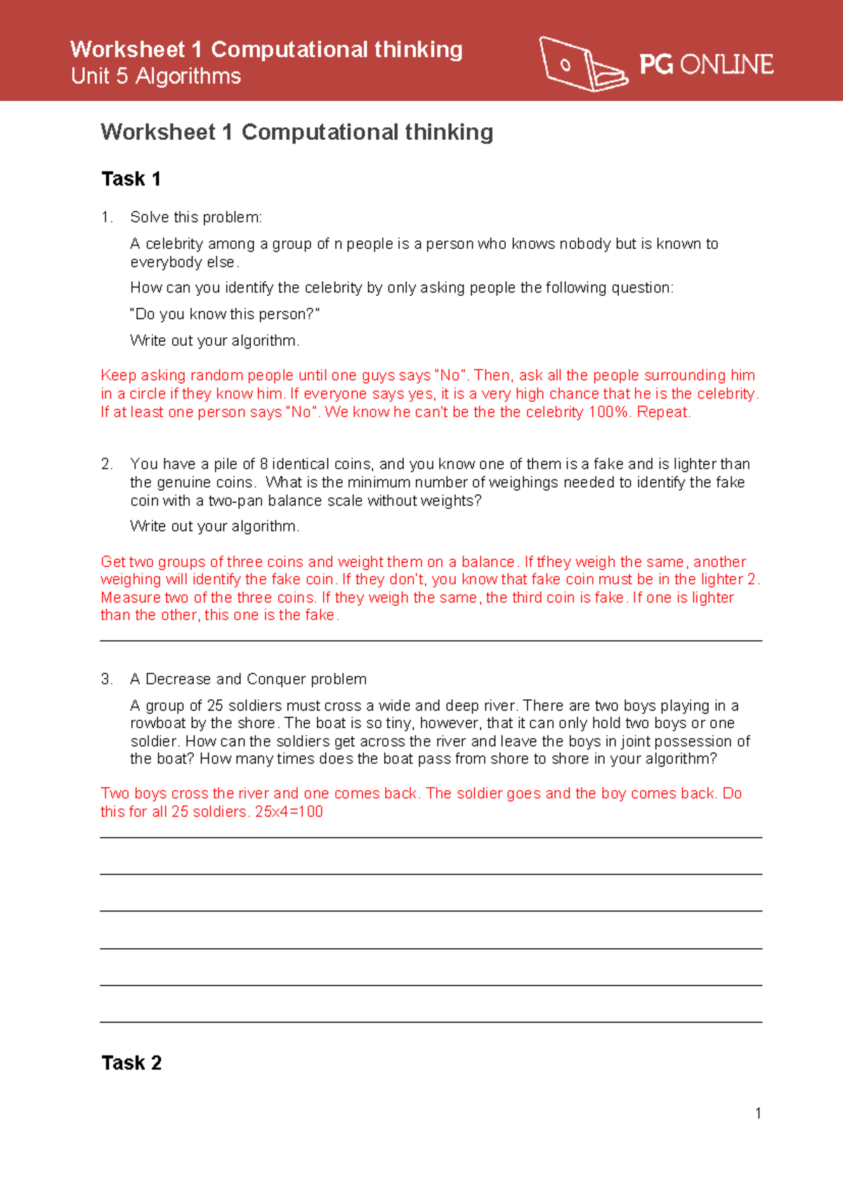 Unit 5 Algorithms Worksheet 1: Computational Thinking Challenges - Studocu