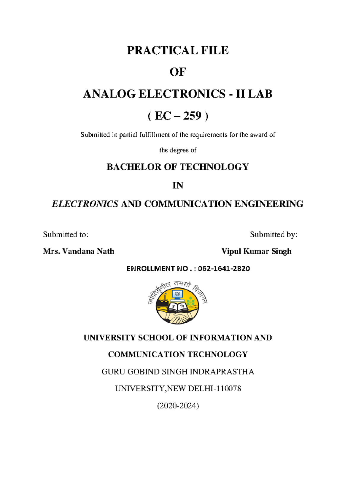 Analog Electronics II Lab Practical File - EC-259 - Studocu