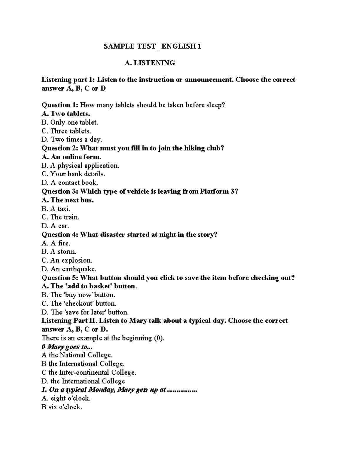 Sample Final Test on English 1A: Listening & Reading Sections - Studocu