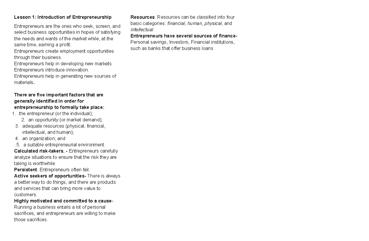 Lesson 1: Intro to Entrepreneurship and Key Factors - Studocu