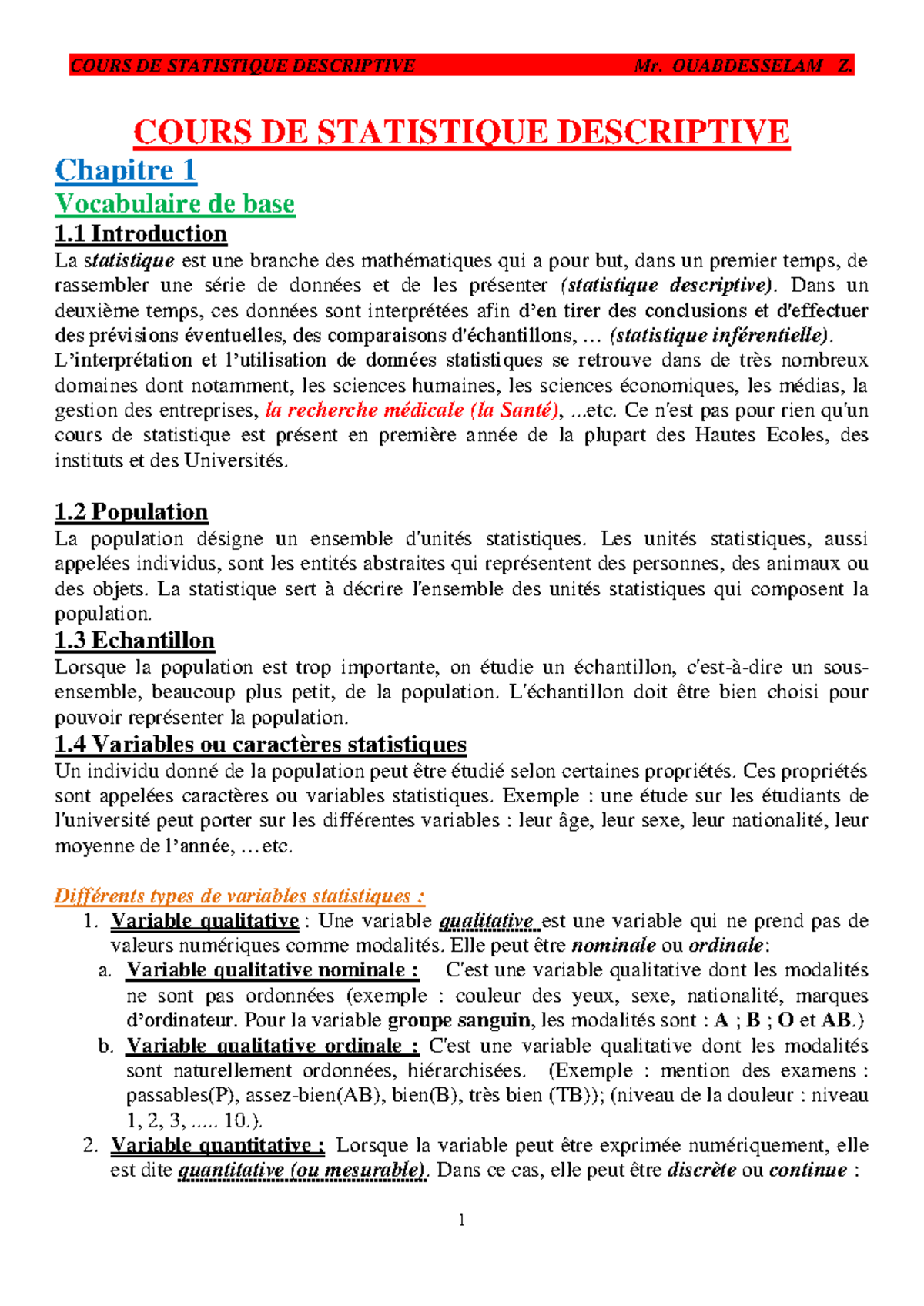 Chapitre 1 et 2 : Cours de Statistique Descriptive (Stat 101) - Studocu